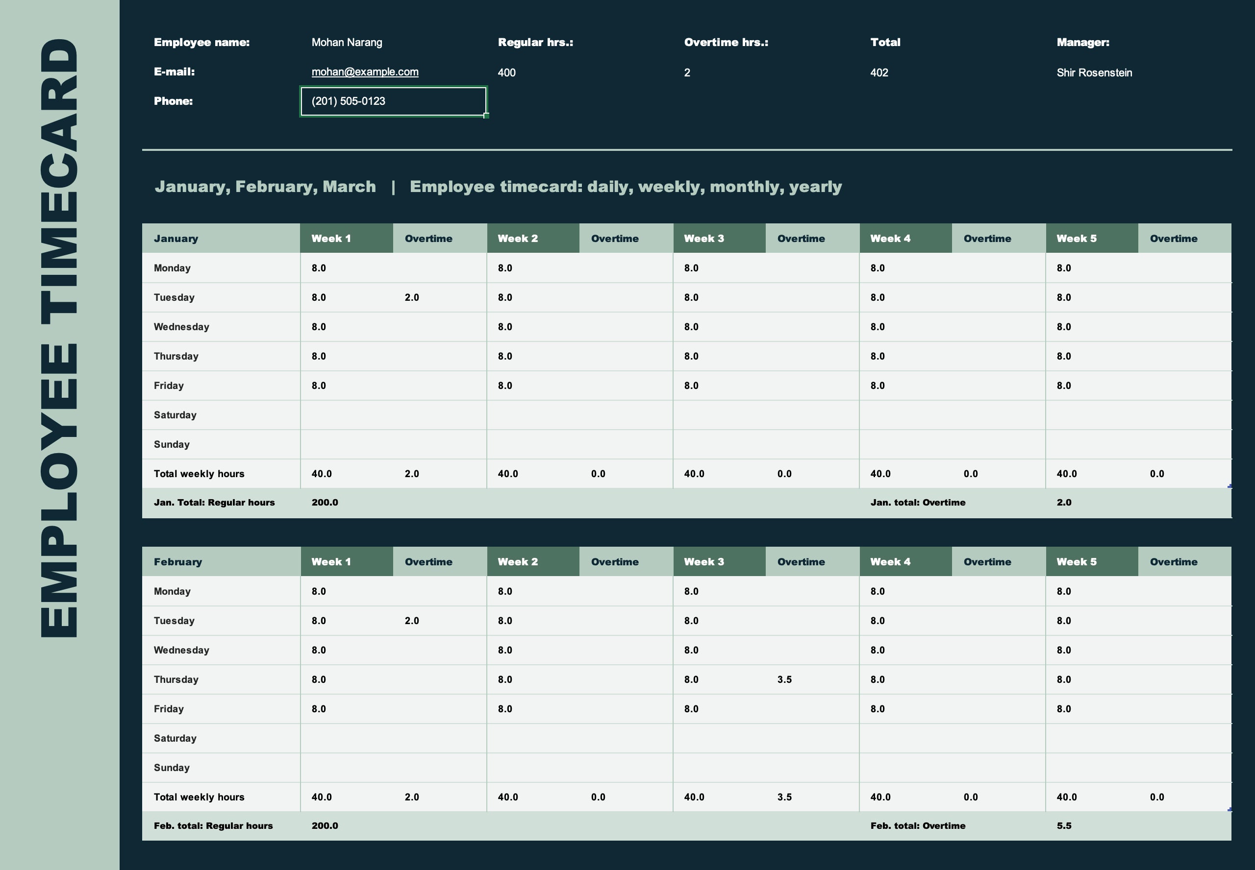 Employee Timesheet Template / Weekly, Monthly, Yearly / Automatic ...