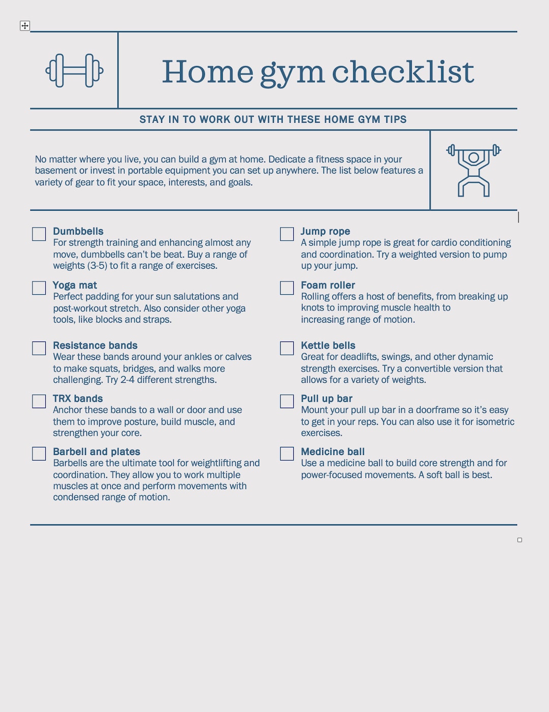 Home Gym Checklist Template / Home Workout Checklist / Fitness Goals ...