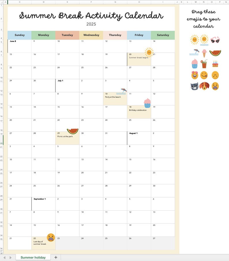 Summer Break Calendar Template / Family Summer Planner / Activity ...