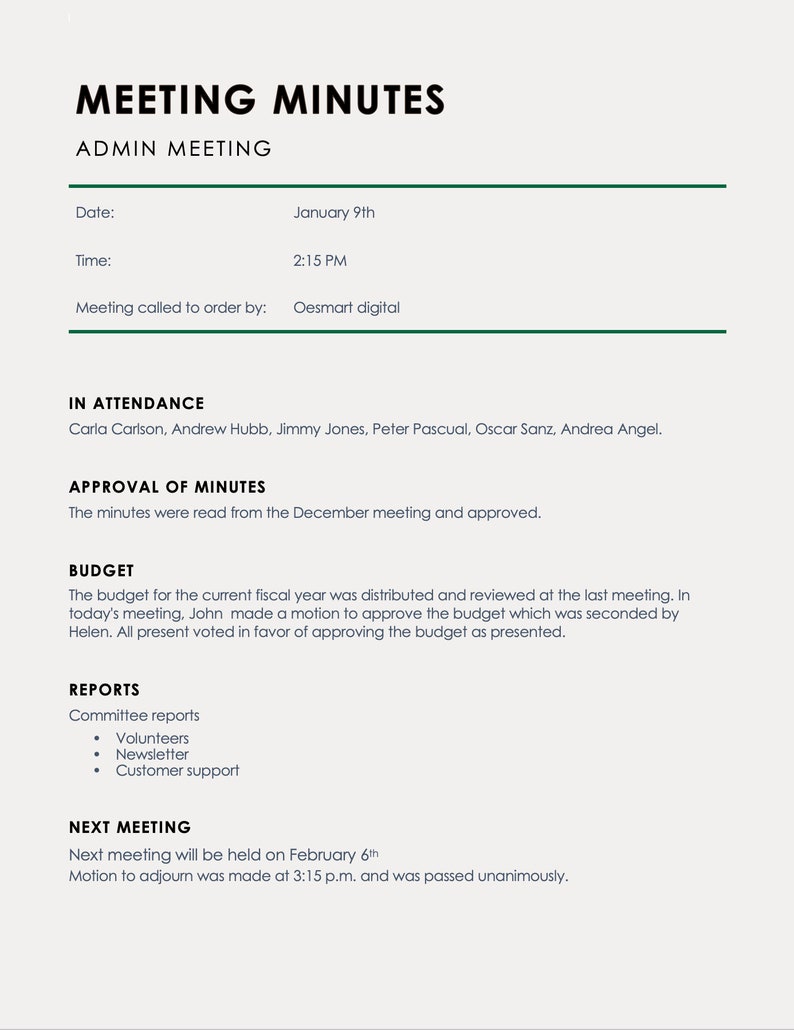 Professional Meeting Minutes Template / Meeting Tracker / Minutes ...
