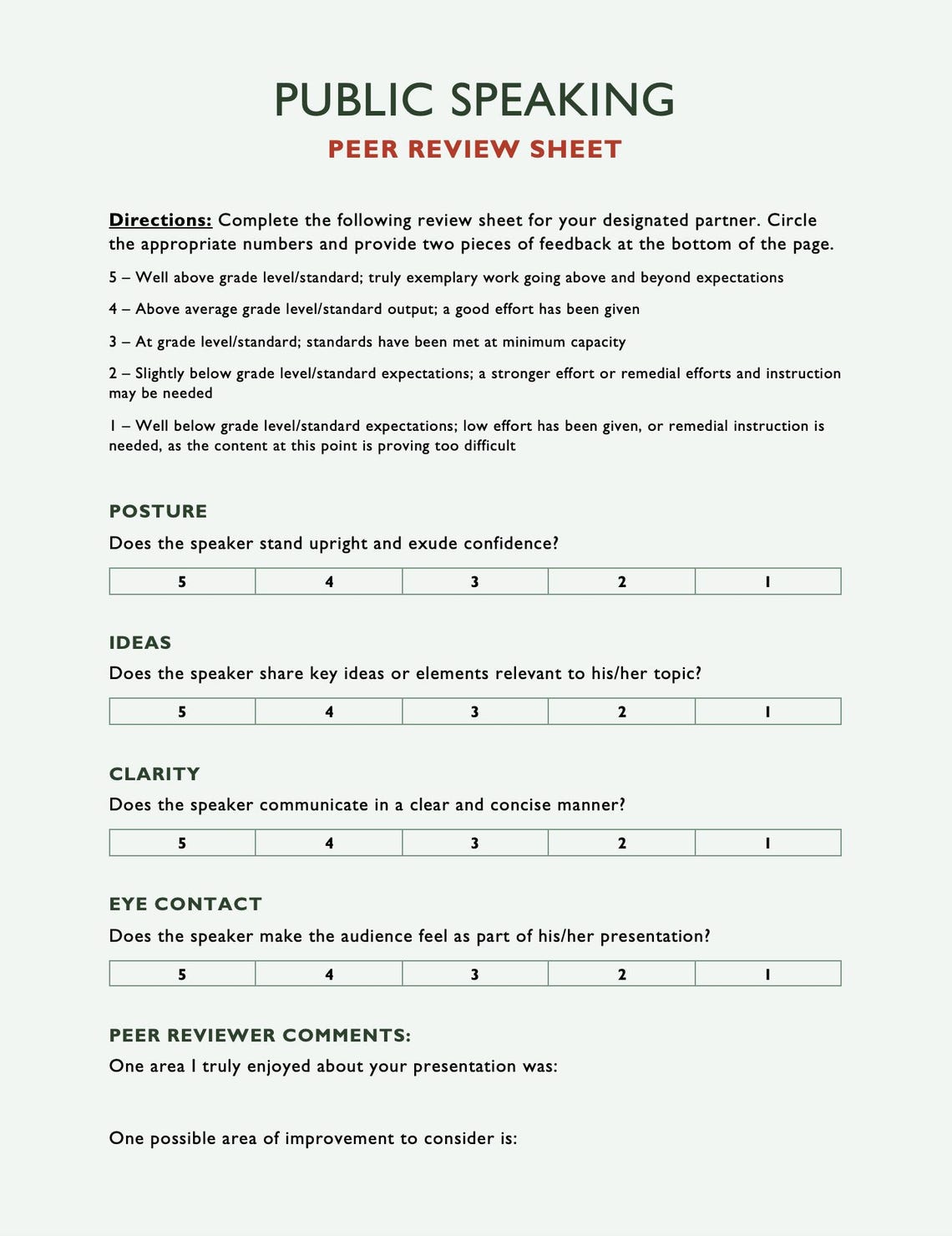 Public Speaking Peer Review Template | Student Presentation Feedback ...