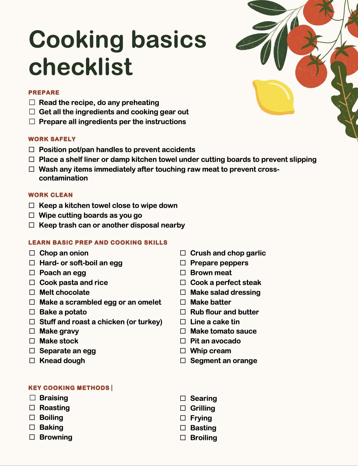 Cooking Basics Checklist - Etsy
