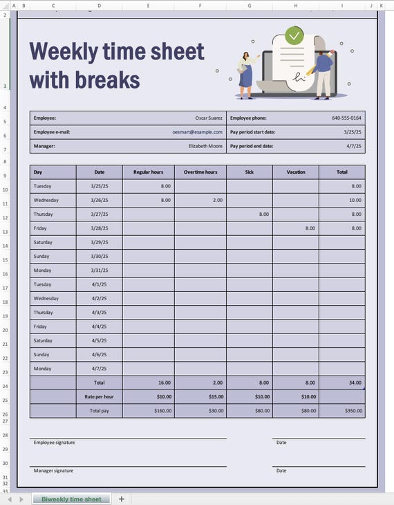 Bi Weekly Timesheet Template With Breaks 2021 Biweekly Timesheet