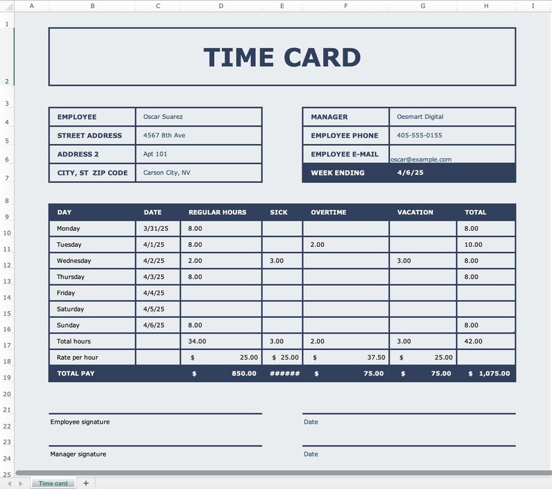 Printable Employee Time Card Template: Editable Work Hours Tracker ...