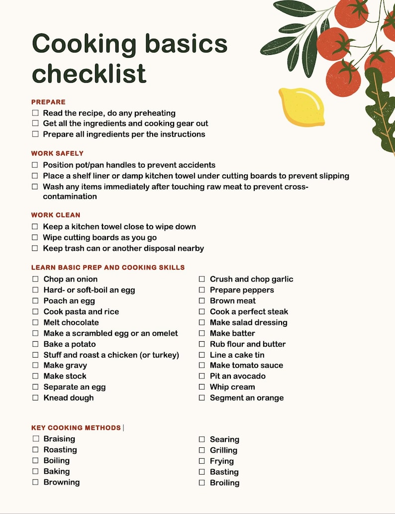 Cooking Basics Checklist Template: Beginner Culinary Skills (digital ...