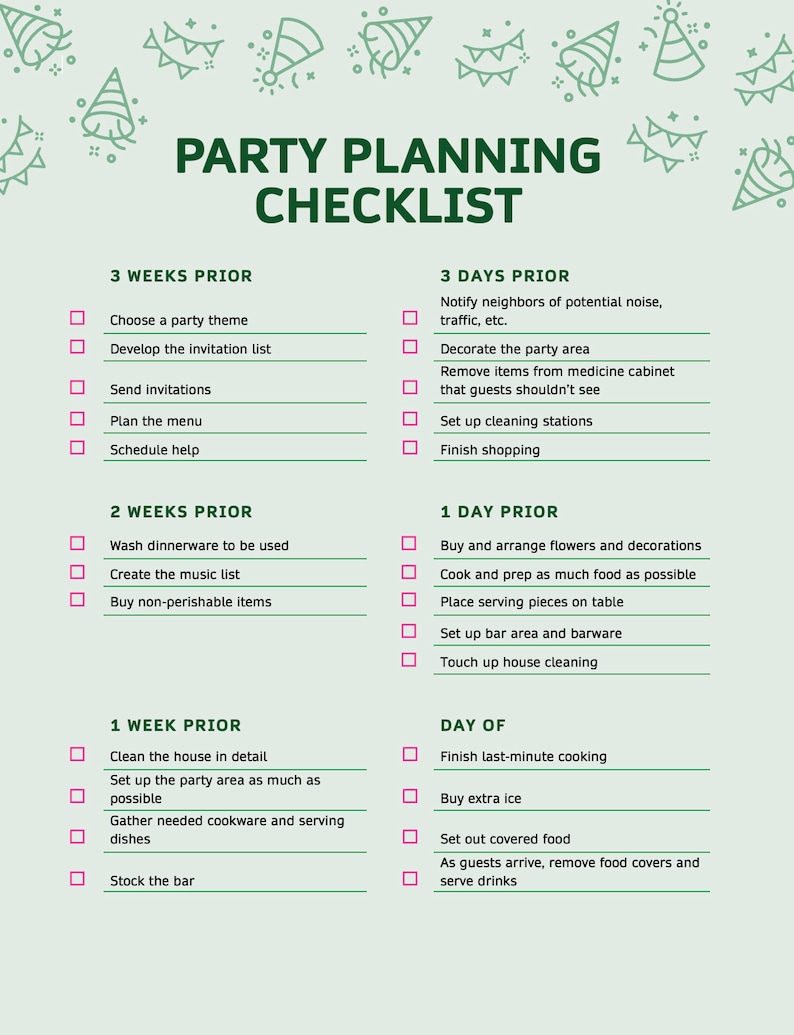 Party Planning Checklist Template | 3-week Event Organizer & Task List ...