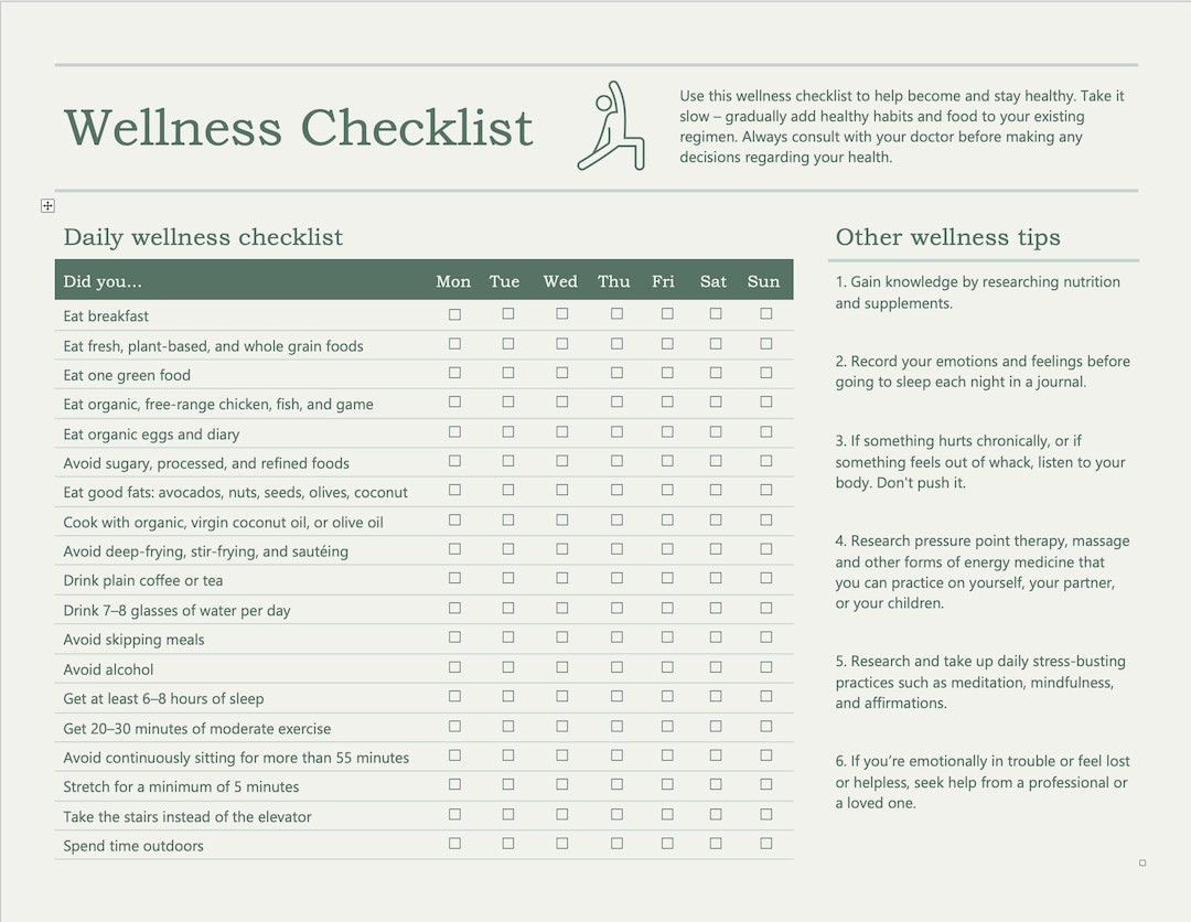 Wellness Checklist Template / Daily Wellness Planner / Health Tracking ...