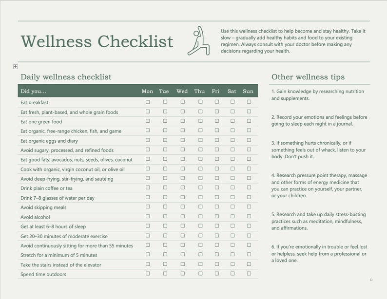 Wellness Checklist Template / Daily Wellness Planner / Health Tracking ...
