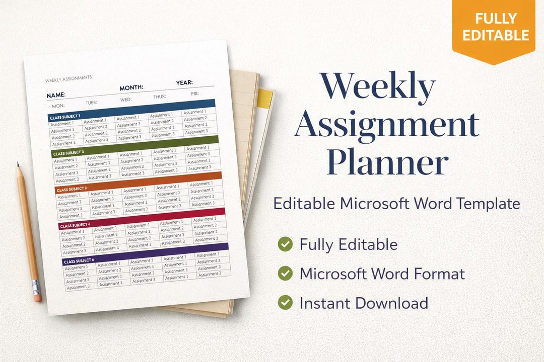 Weekly Assignment Planner Template | Editable Microsoft Word Student ...