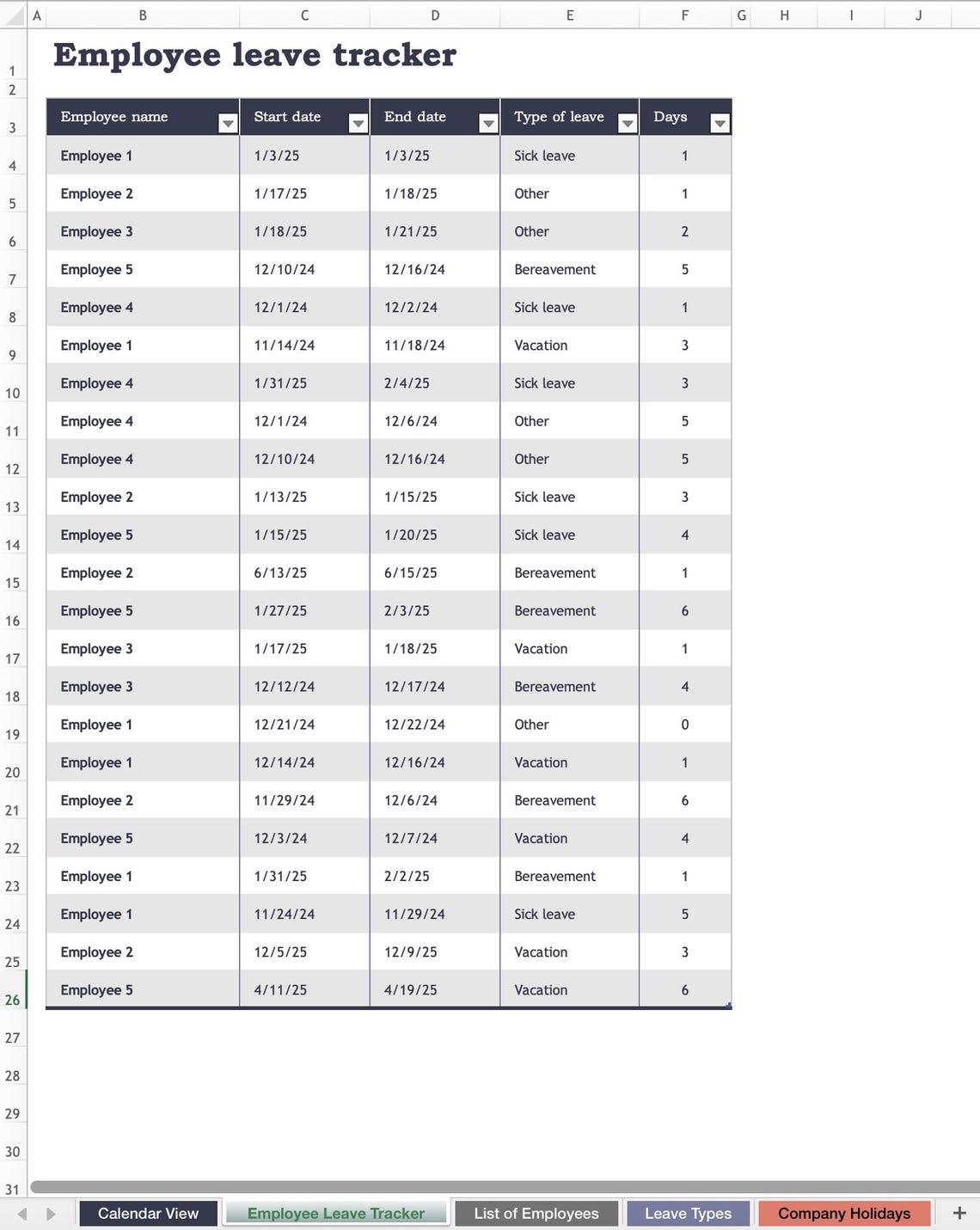 Editable Employee Attendance Spreadsheet Template | Excel Attendance ...