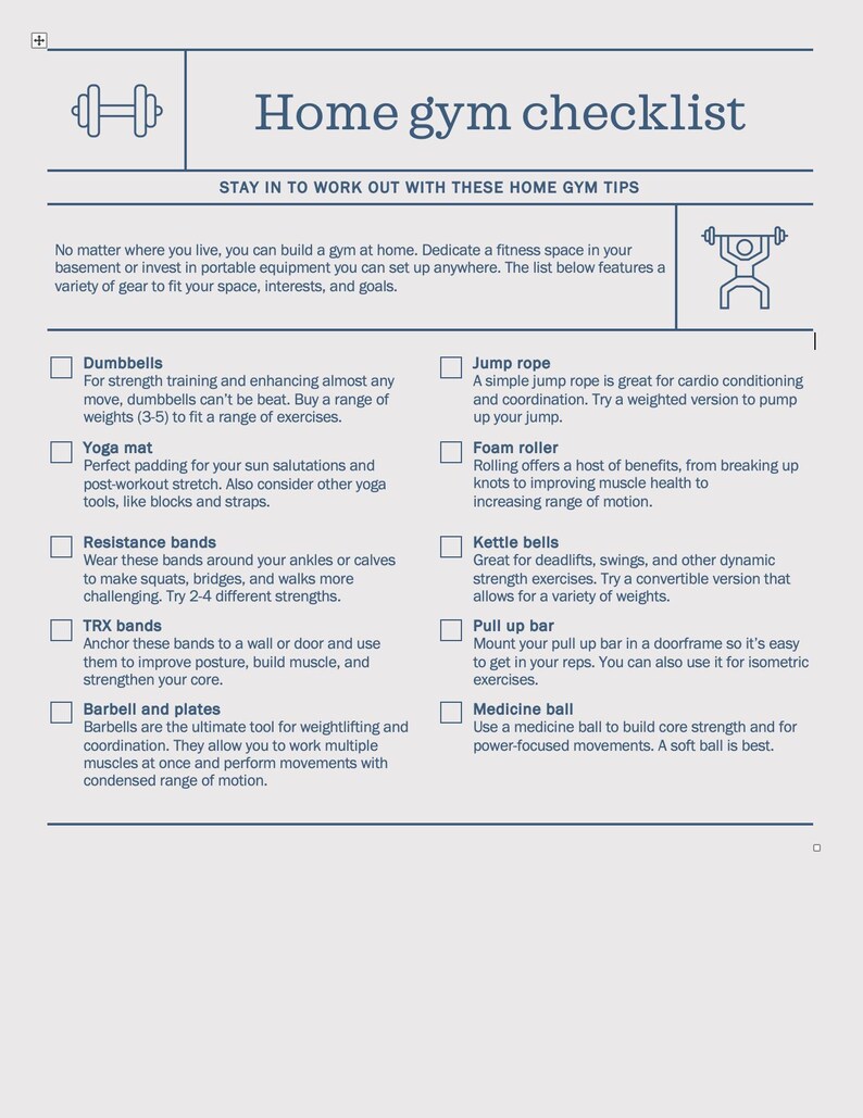 Home Gym Equipment Checklist: Personalized Fitness Space (digital ...
