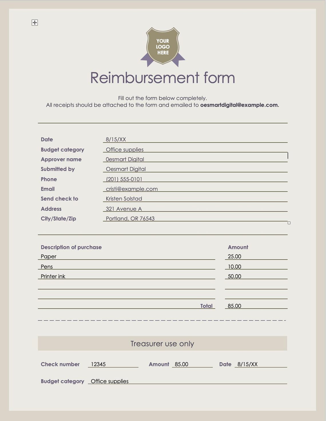 Reimbursement Form Template | Expense Tracking Word Document | Editable ...