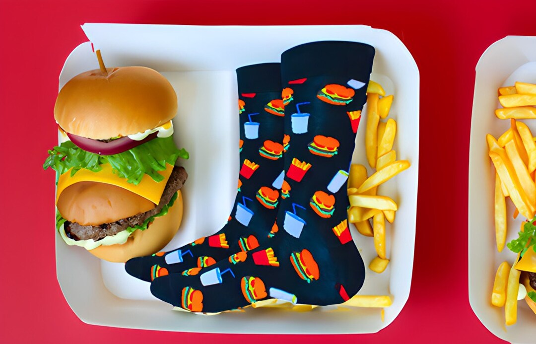 FAST FOOD Burgers Fries Fun Dress Socks Novelty Crew Socks Crazy Funky ...
