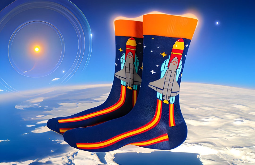 BLAST OFF Rocket Space Fun Dress Socks Novelty Crew Socks Crazy Funky ...