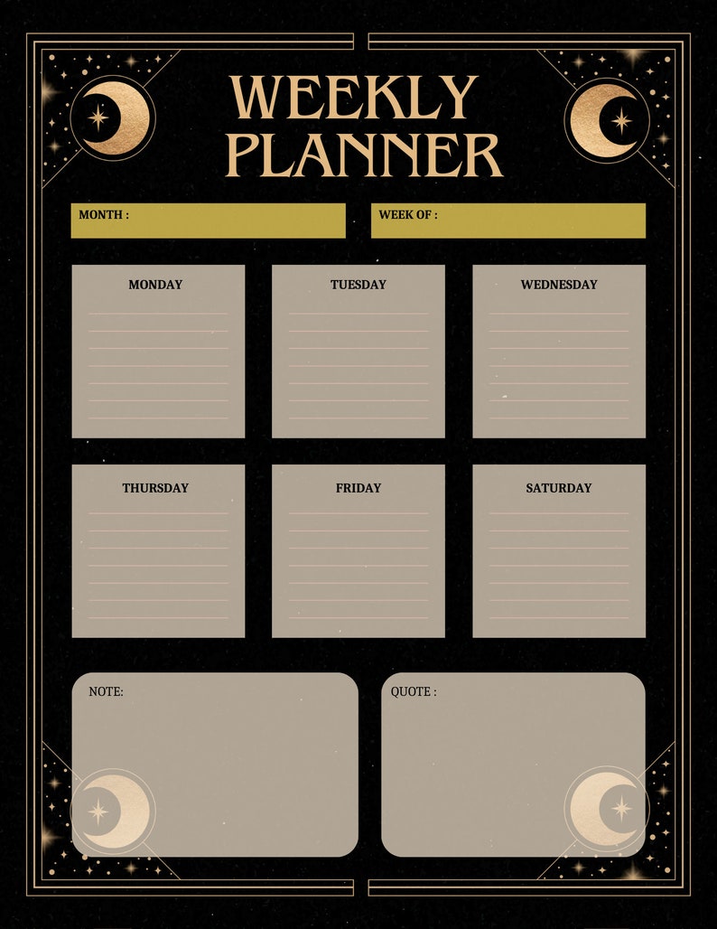 Simple Celestial Digital Planner, Stars and Moon Agenda, Pretty Black ...