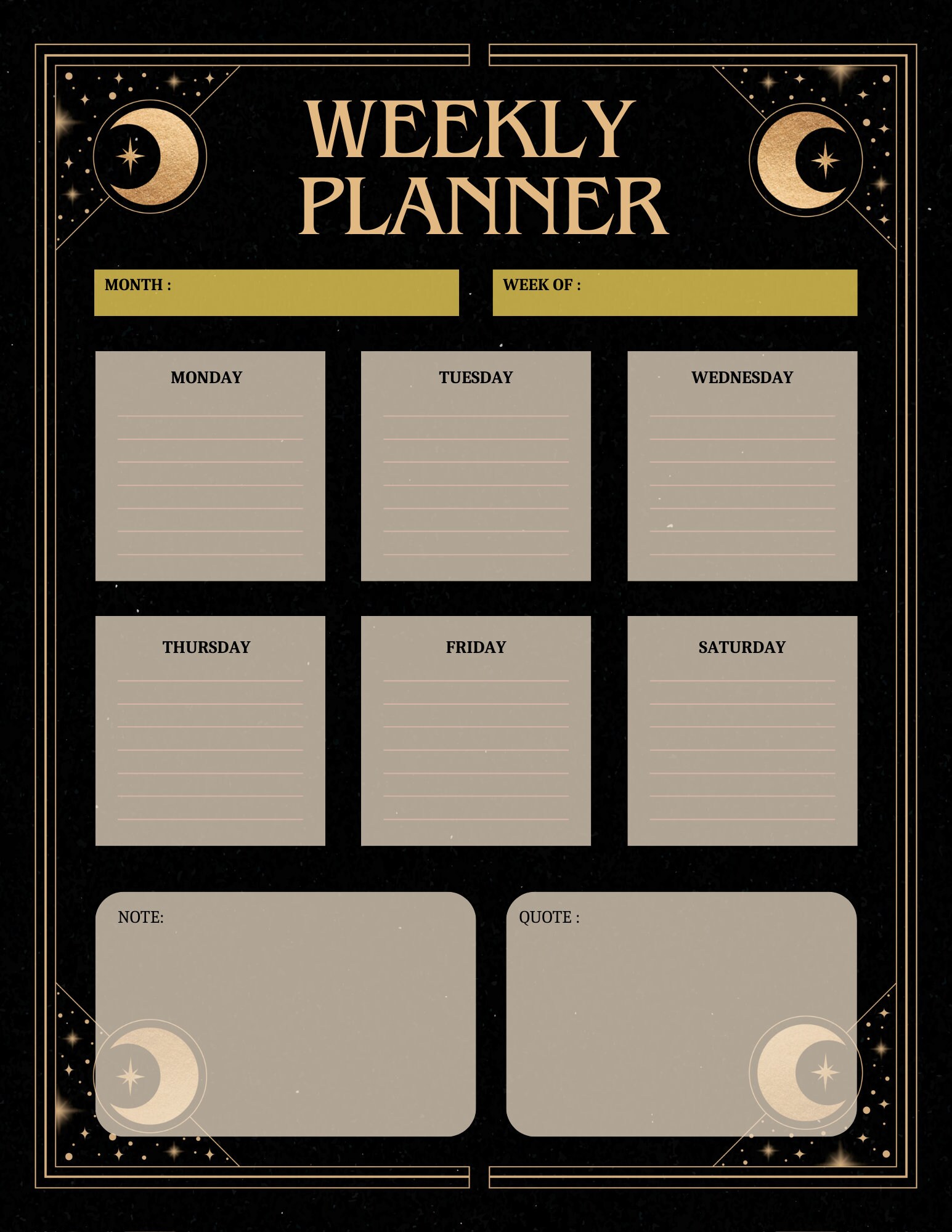 Simple Celestial Digital Planner, Stars and Moon Agenda, Pretty Black ...