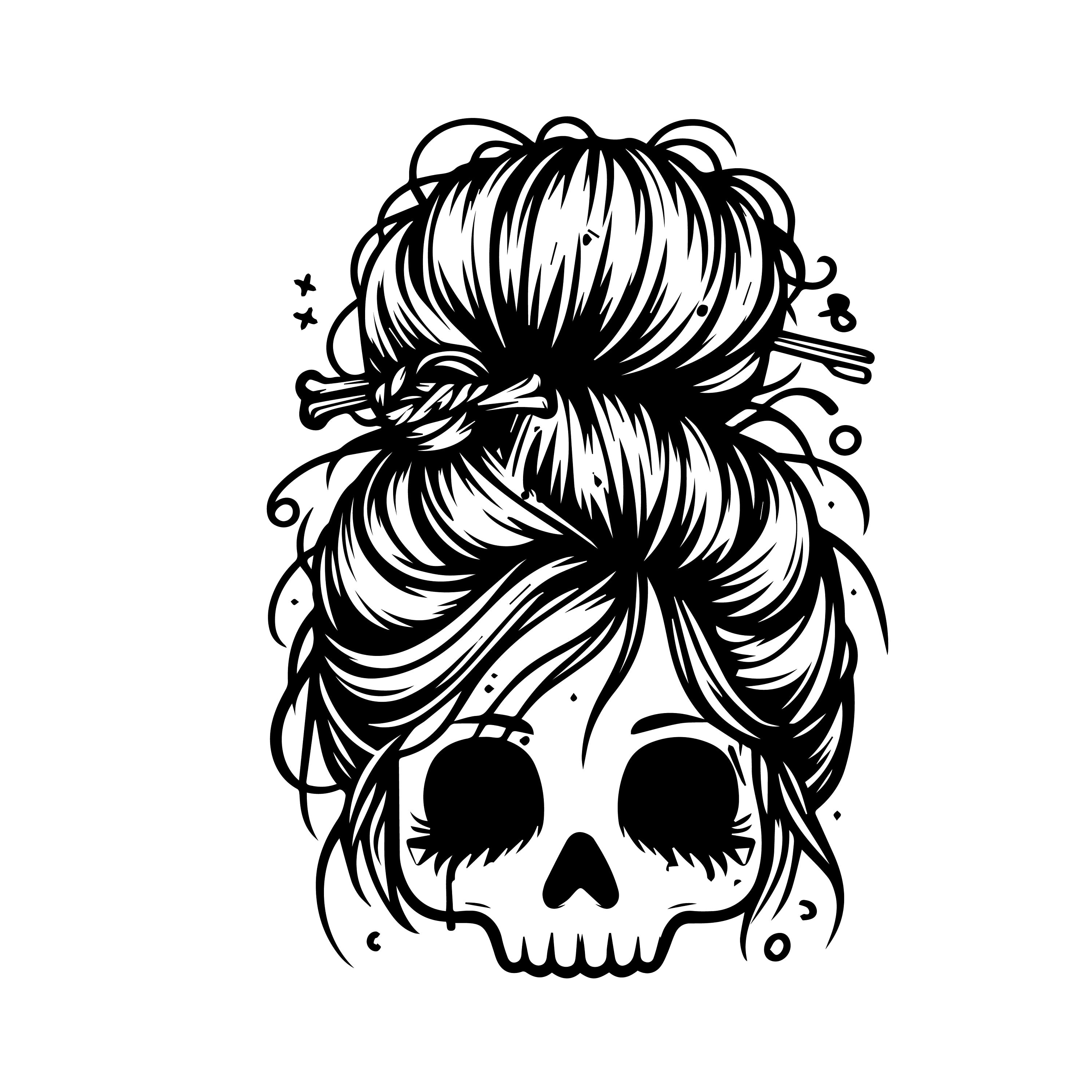 Messy Bun Girl Skull Svg & PNG Files, Mom Bun Hair Face Clipart ...