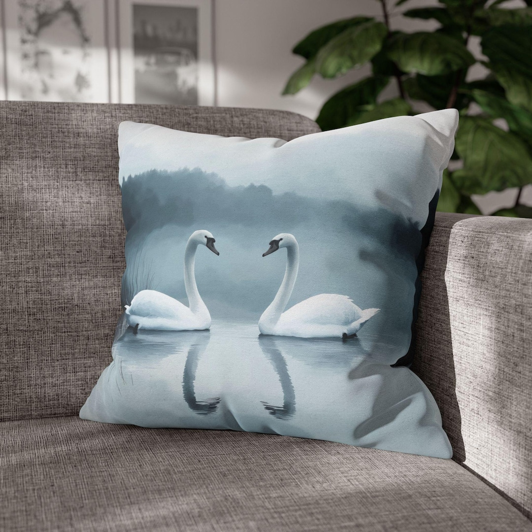 Misty Lake Swans Pillow Cover | Nature Decor, Swan Couple, Wildlife ...