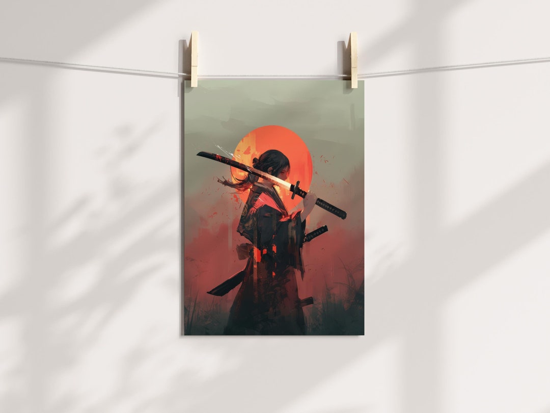 Samurai Warrior Poster Print Red Sun, Samurai With Sword, Modern ...