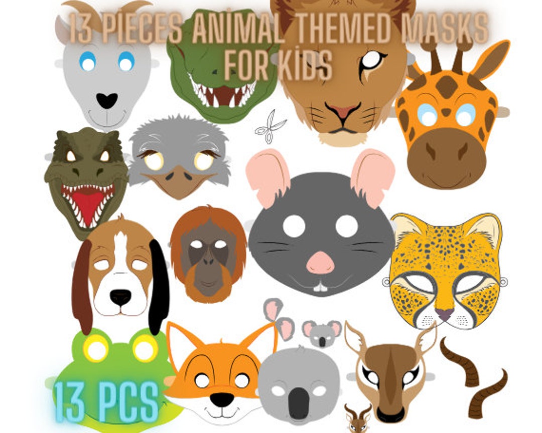 13 Pieces Animal Themed Masks for Kids / Printable Mask / Easy-to-make ...