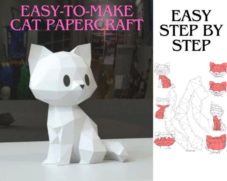 Papercraft Cat, Paper Craft 3D Model, Kitten PDF Template, Cute Low ...
