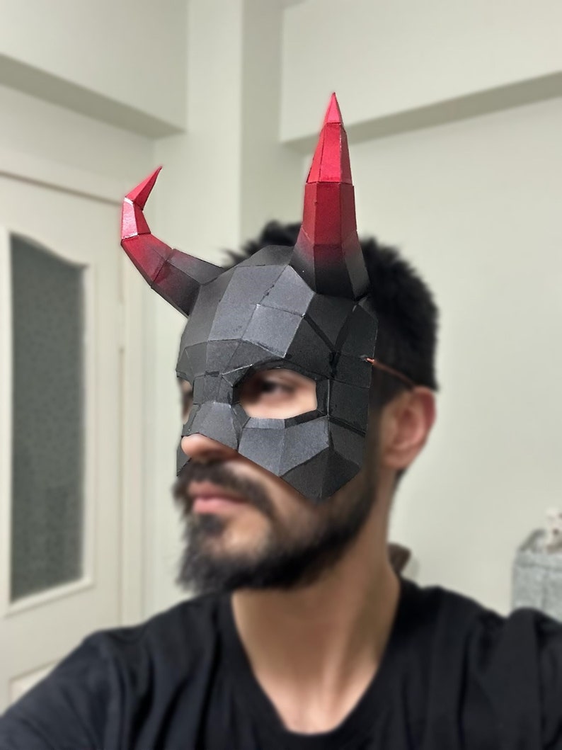Horned Papercraft Half Mask – 3D Low Poly Halloween Costume (PDF ...