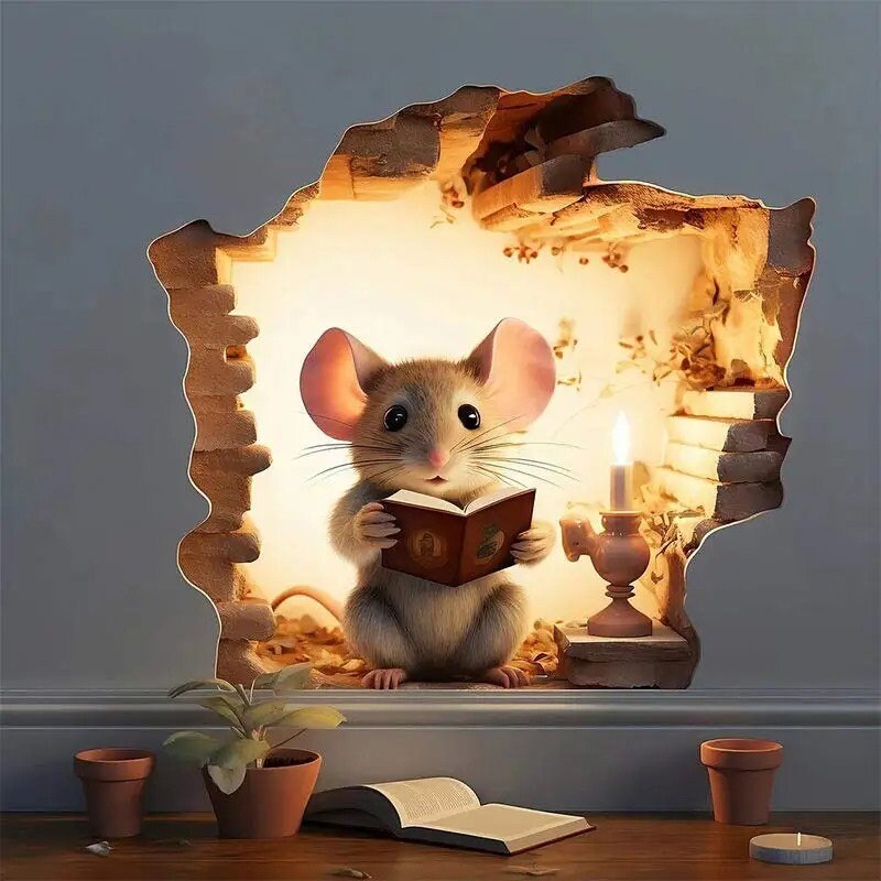 Mouse in Mousehole Sticker Cracked Wall Mouse Reading Decor - Etsy