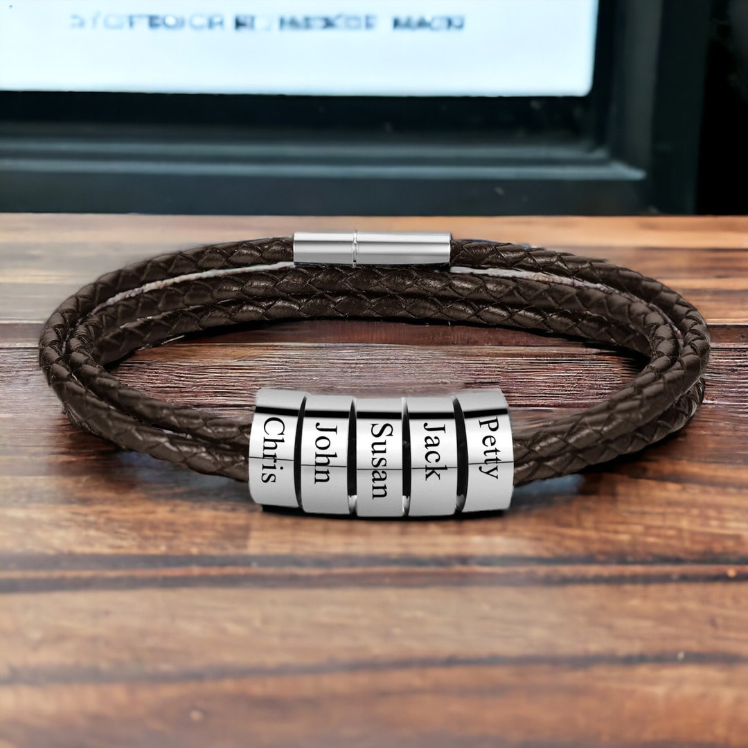 Personalized Men's Leather Bracelet, Engraved Beads Name Bracelet ...