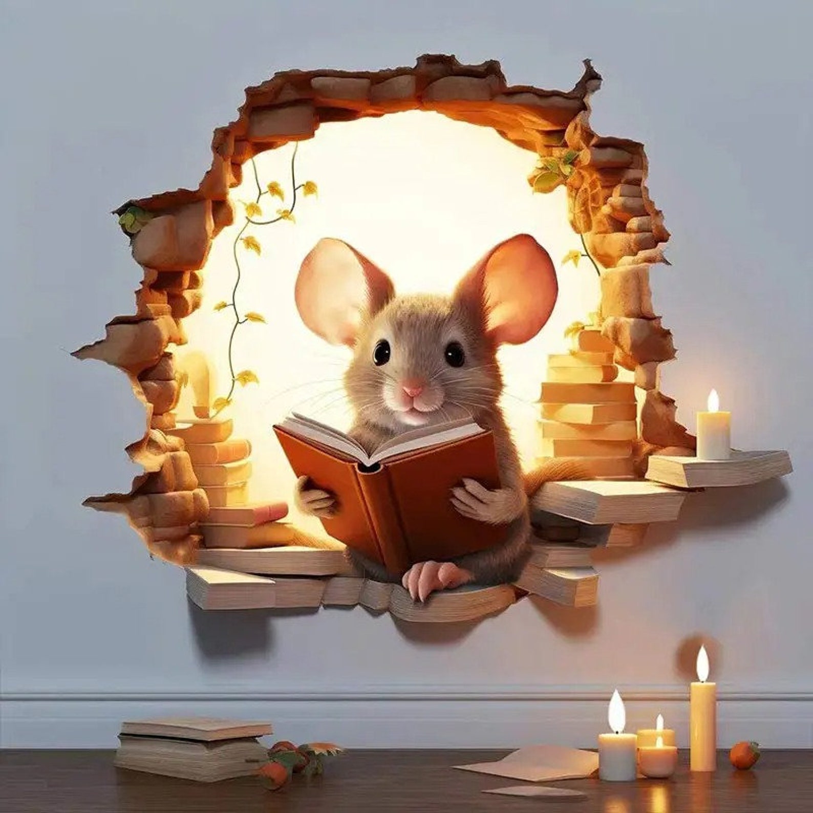 Mouse in Mousehole Sticker Cracked Wall Mouse Reading Decor - Etsy