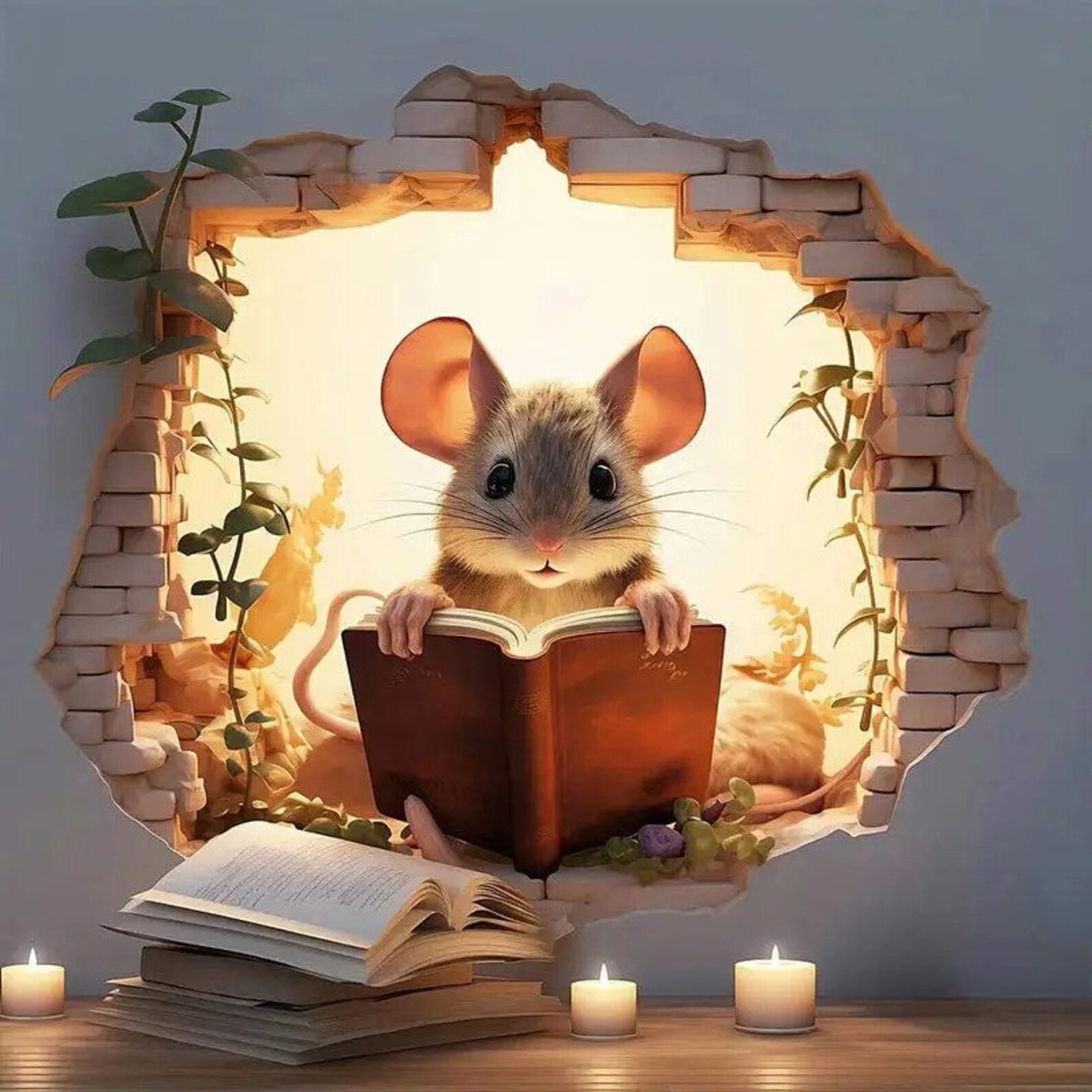 Mouse in Mousehole Sticker Cracked Wall Mouse Reading Decor - Etsy