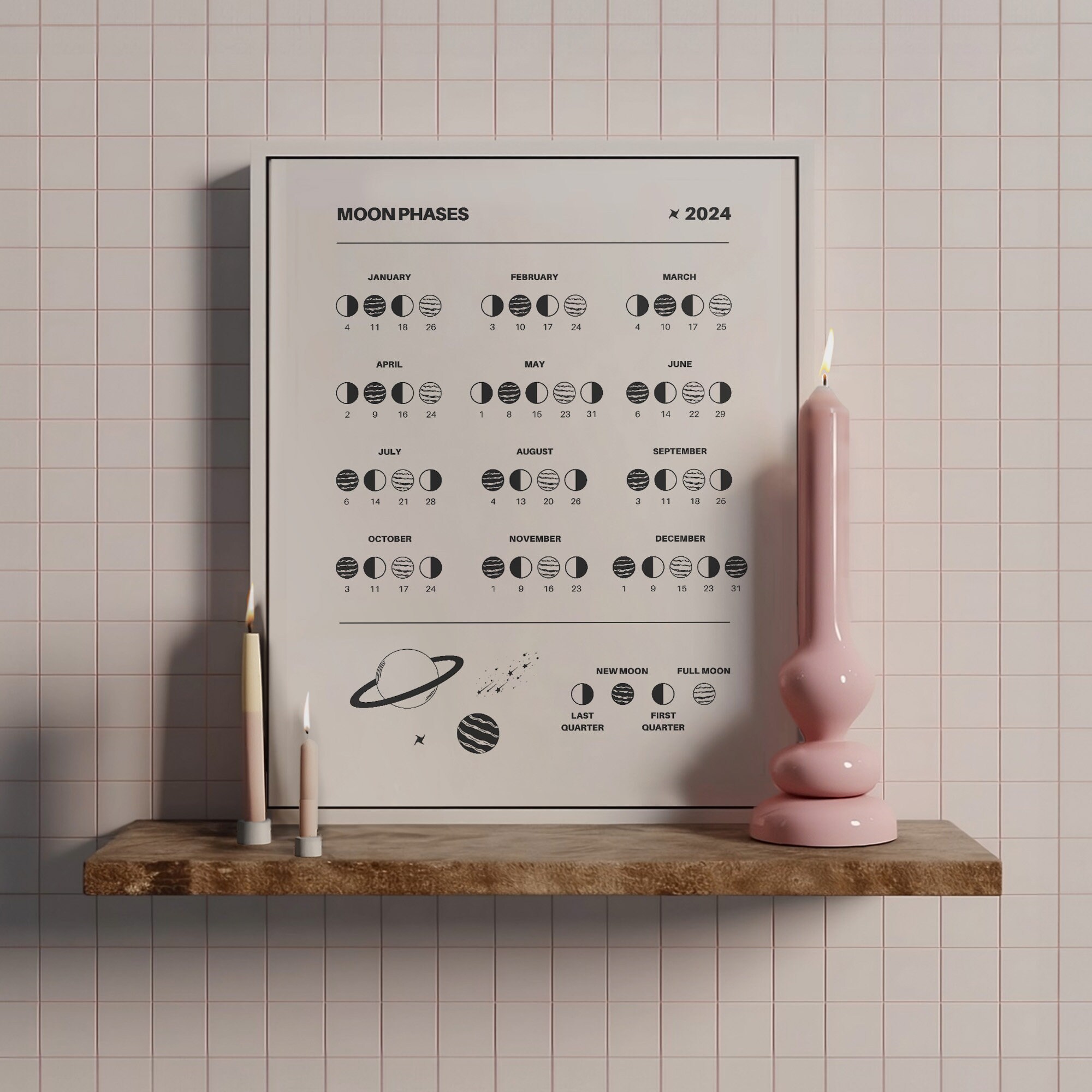 2024 Moon Phase Calendar Printable Wall Art Lunar Calendar - Etsy