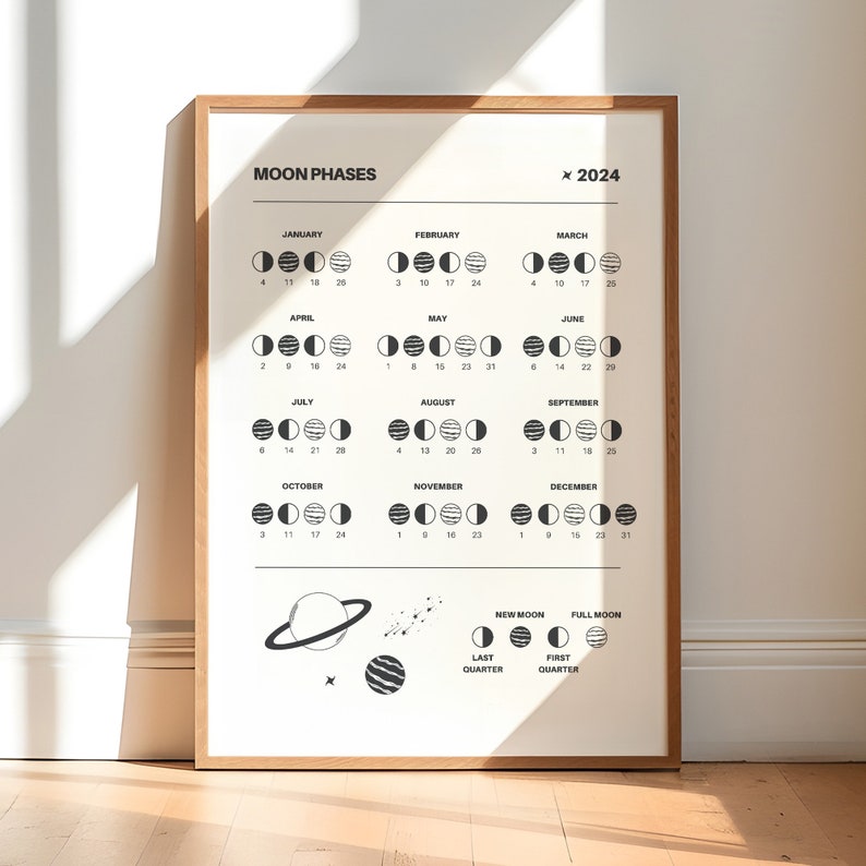 2024 Moon Phase Calendar Printable Wall Art Lunar Calendar - Etsy