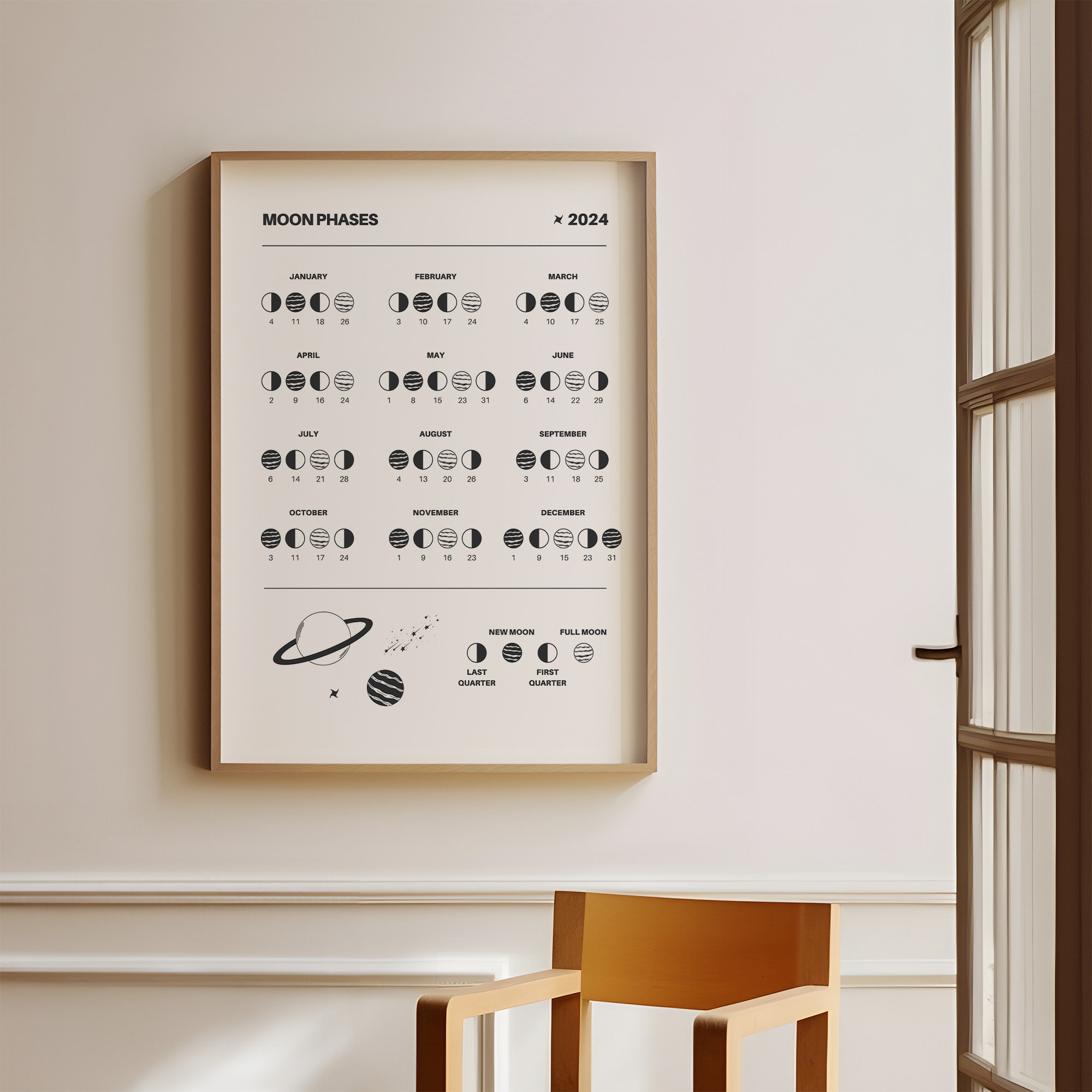 2024 Moon Phase Calendar Printable Wall Art Lunar Calendar - Etsy
