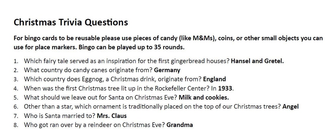 Christmas Trivia Bingo Game 12 Cards - Etsy