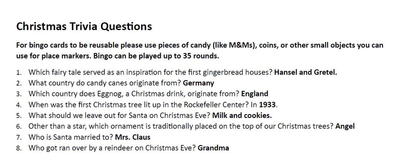 Christmas Trivia Bingo Game 12 Cards - Etsy