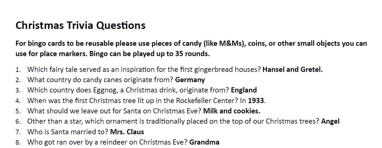 Christmas Trivia Bingo Game 12 Cards - Etsy