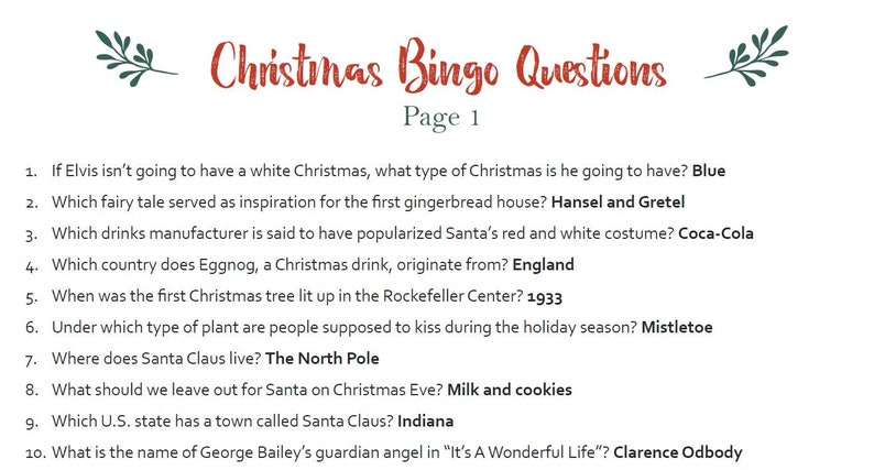 Christmas Trivia Bingo Game 24 Cards - Etsy