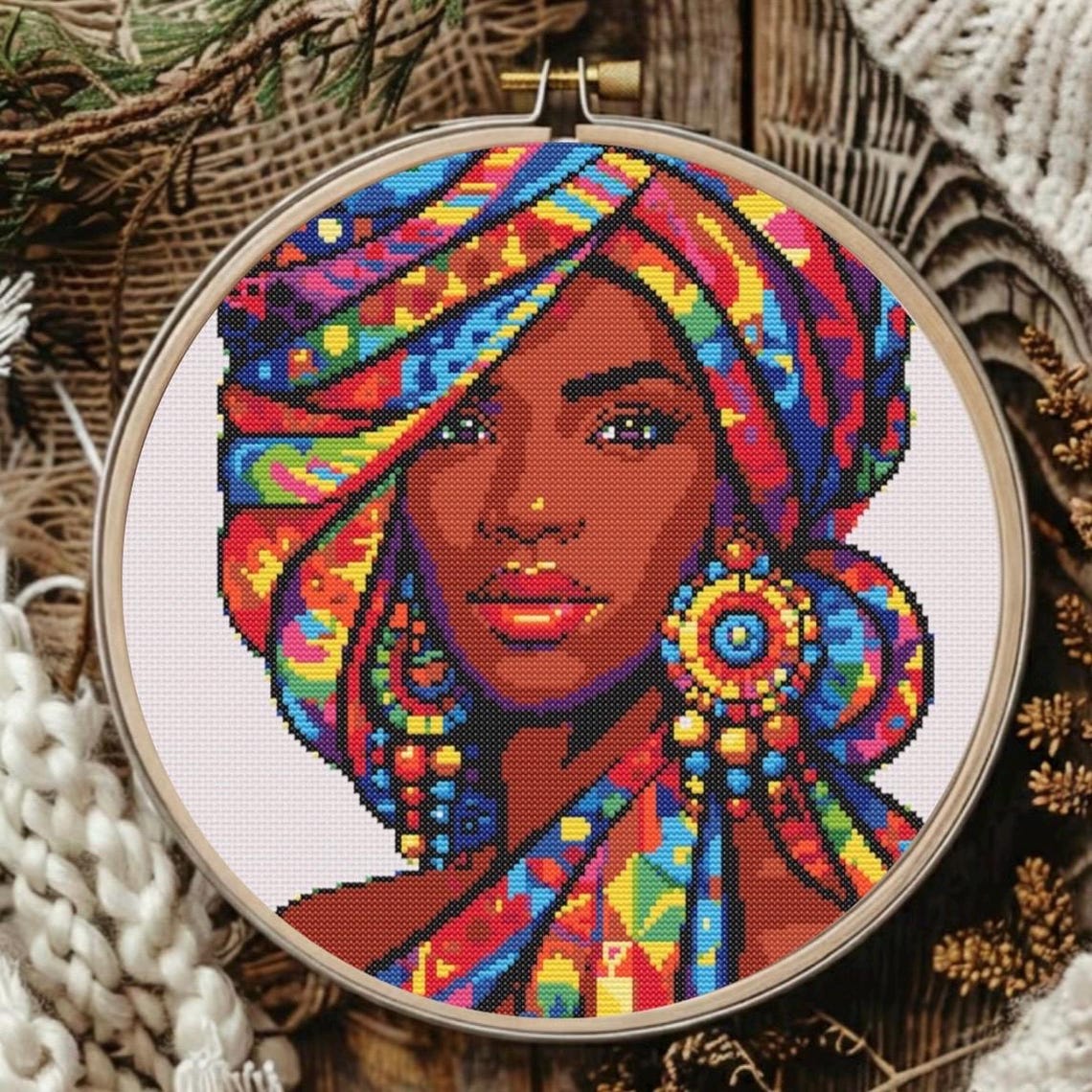Black Woman Cross Stitch Pattern - African Turban Portrait - Green ...