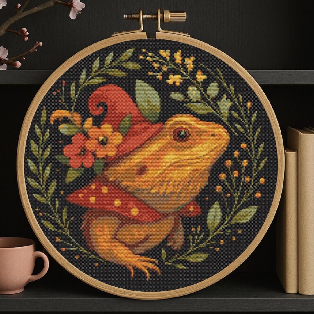 Toad Cross Stitch Pattern: Witchy Mushroom Hat, Floral Wreath (PDF ...