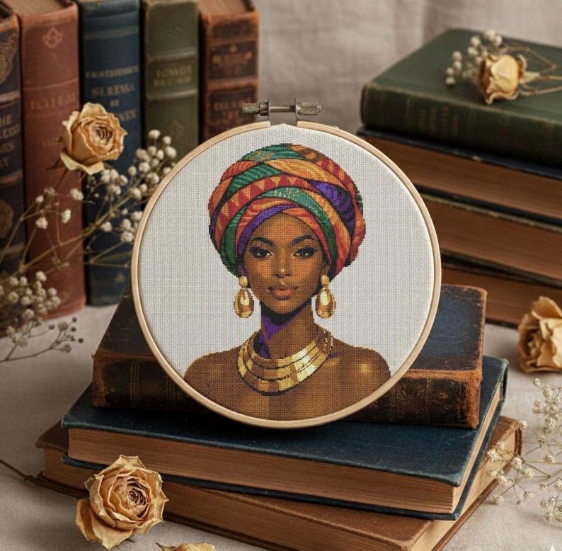 African Woman Cross Stitch Pattern - Colorful Turban Portrait - Black ...