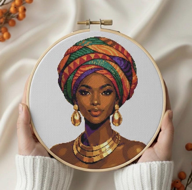 African Woman Cross Stitch Pattern - Colorful Turban Portrait - Black ...