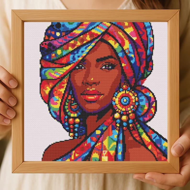 Black Woman Cross Stitch Pattern - African Turban Portrait - Green ...
