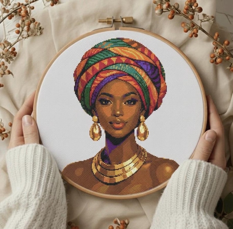 African Woman Cross Stitch Pattern - Colorful Turban Portrait - Black ...