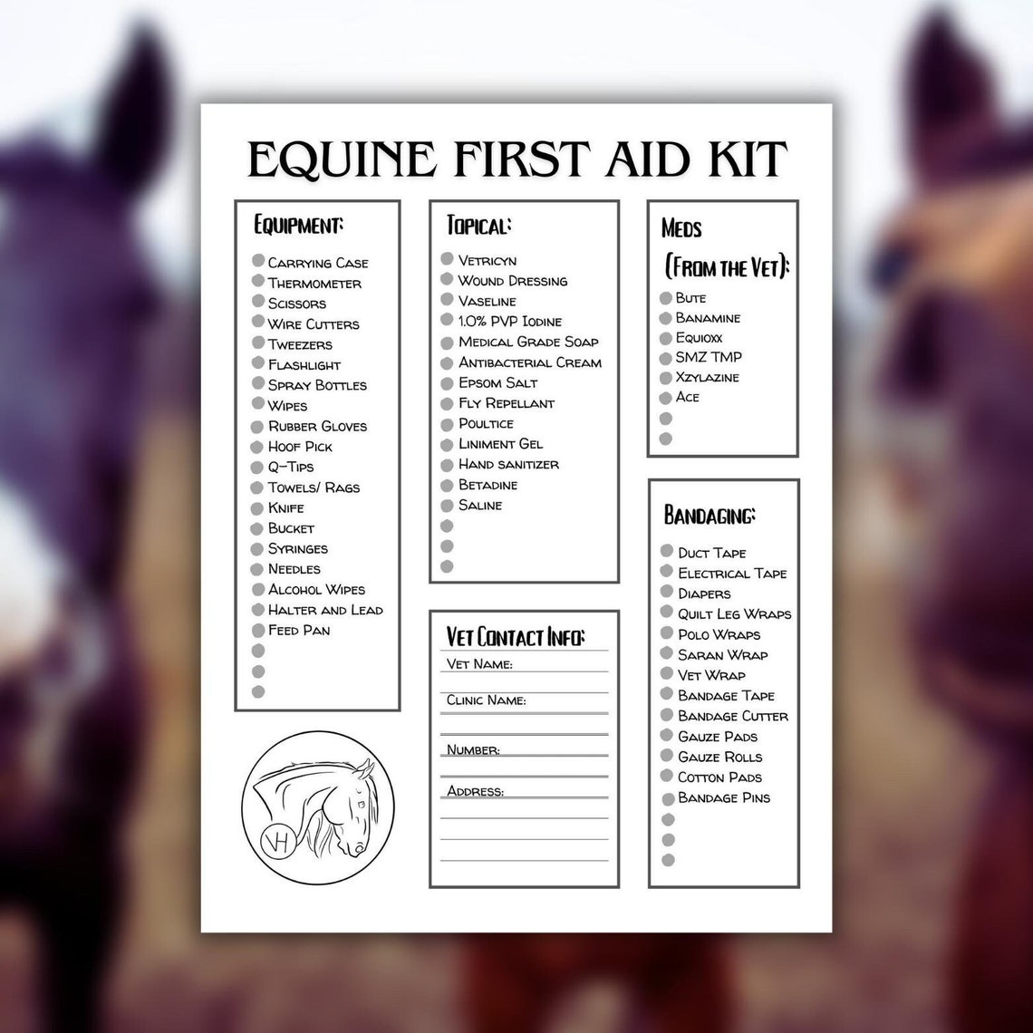 Equine First Aid Kit Check List, Horse Care Tracker, Horse Medical ...