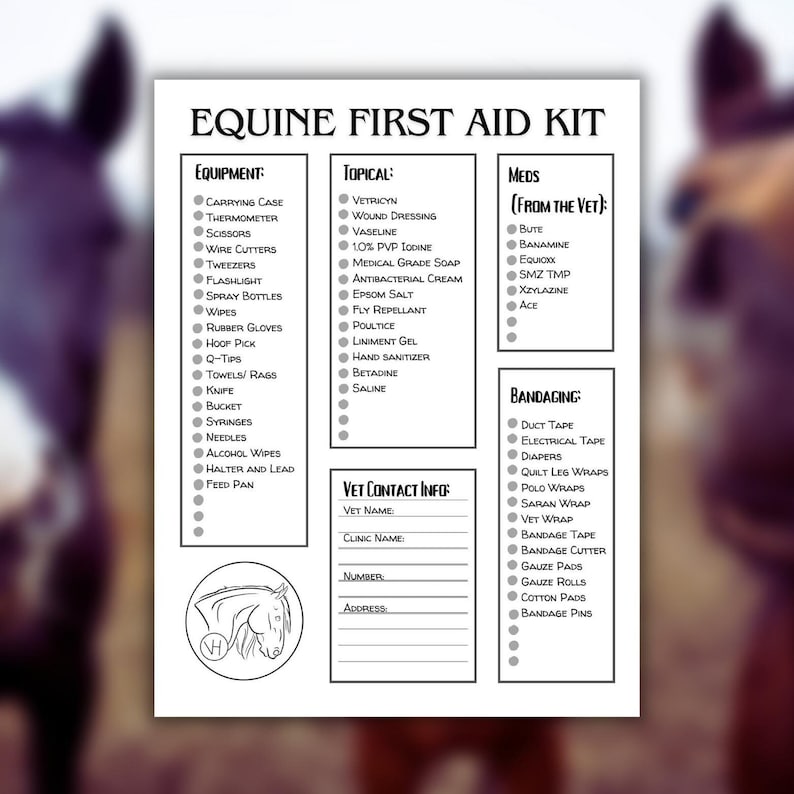 Equine First Aid Kit Check List, Horse Care Tracker, Horse Medical ...