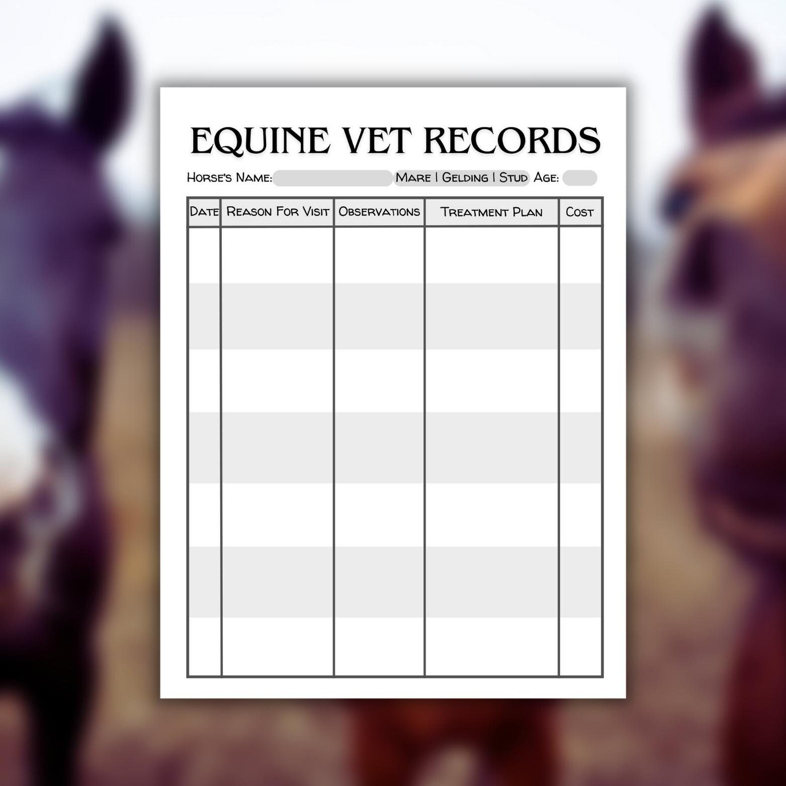 Equine Vet Records Tracker, Horse Care Tracker, Horse Medical Record ...