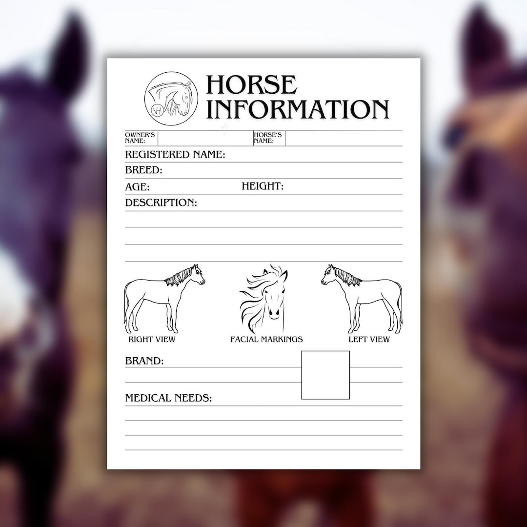 Equine Info Card, Digital Download, Horse Information Card, Horse ...