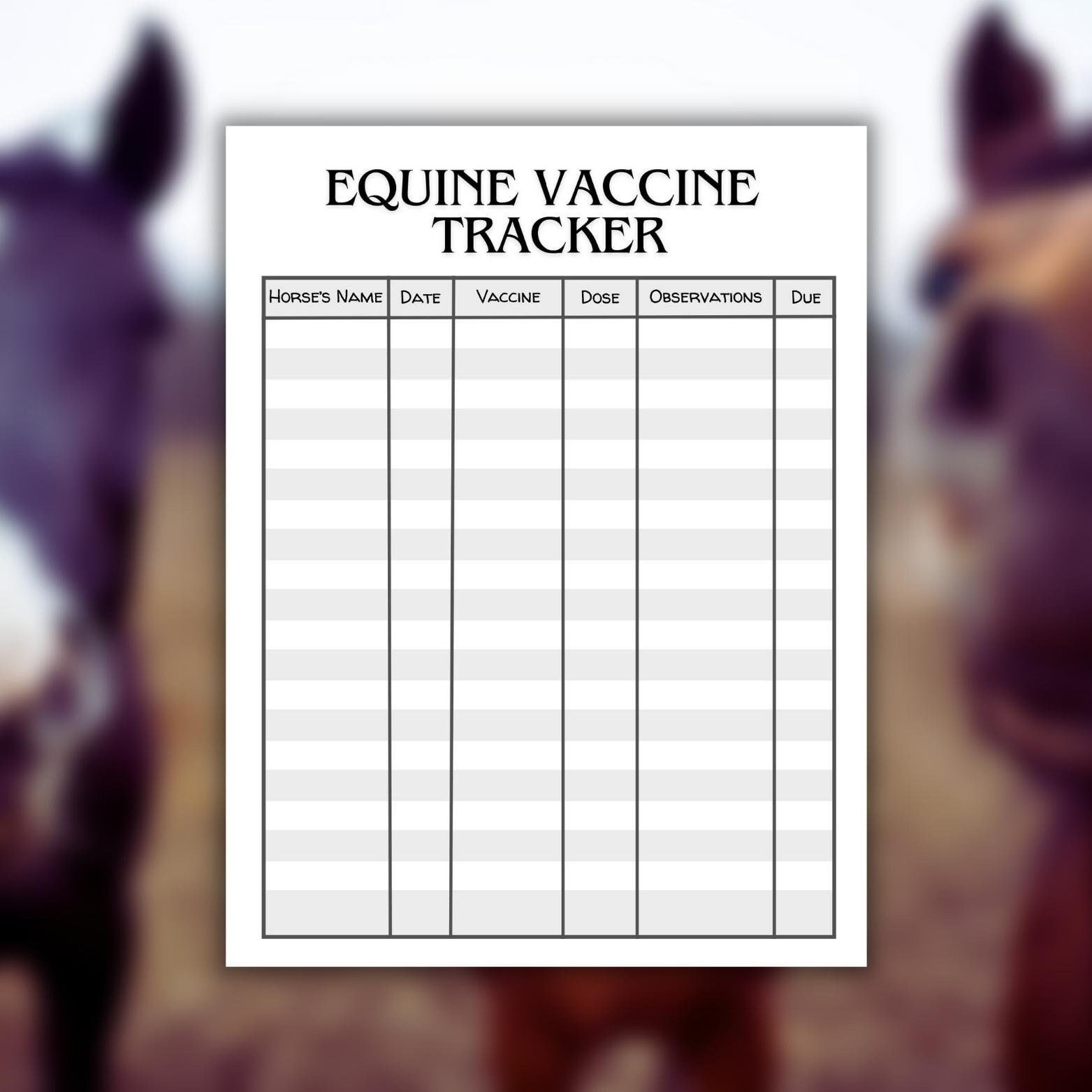 Equine Vaccine Tracker, Horse Care Tracker, Horse Medical Record ...