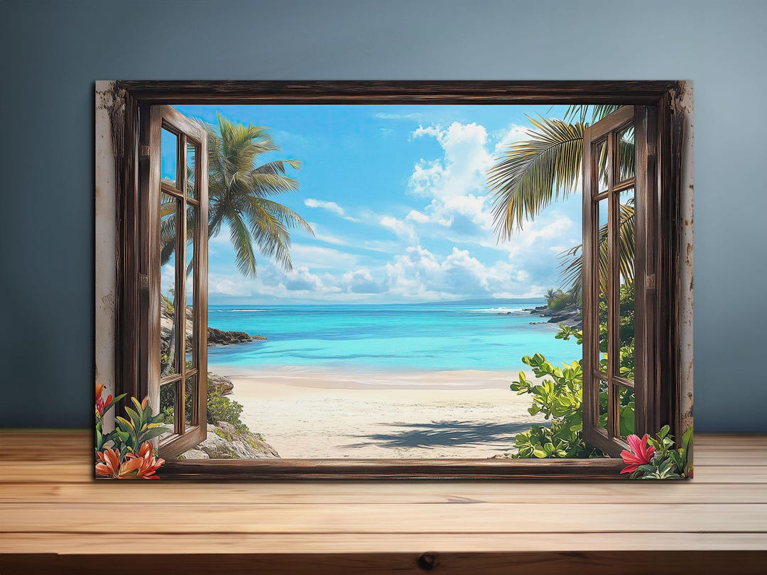 Tropical Beach Window View Wall Art/ocean Paradise Coastal Decor/ Blue ...