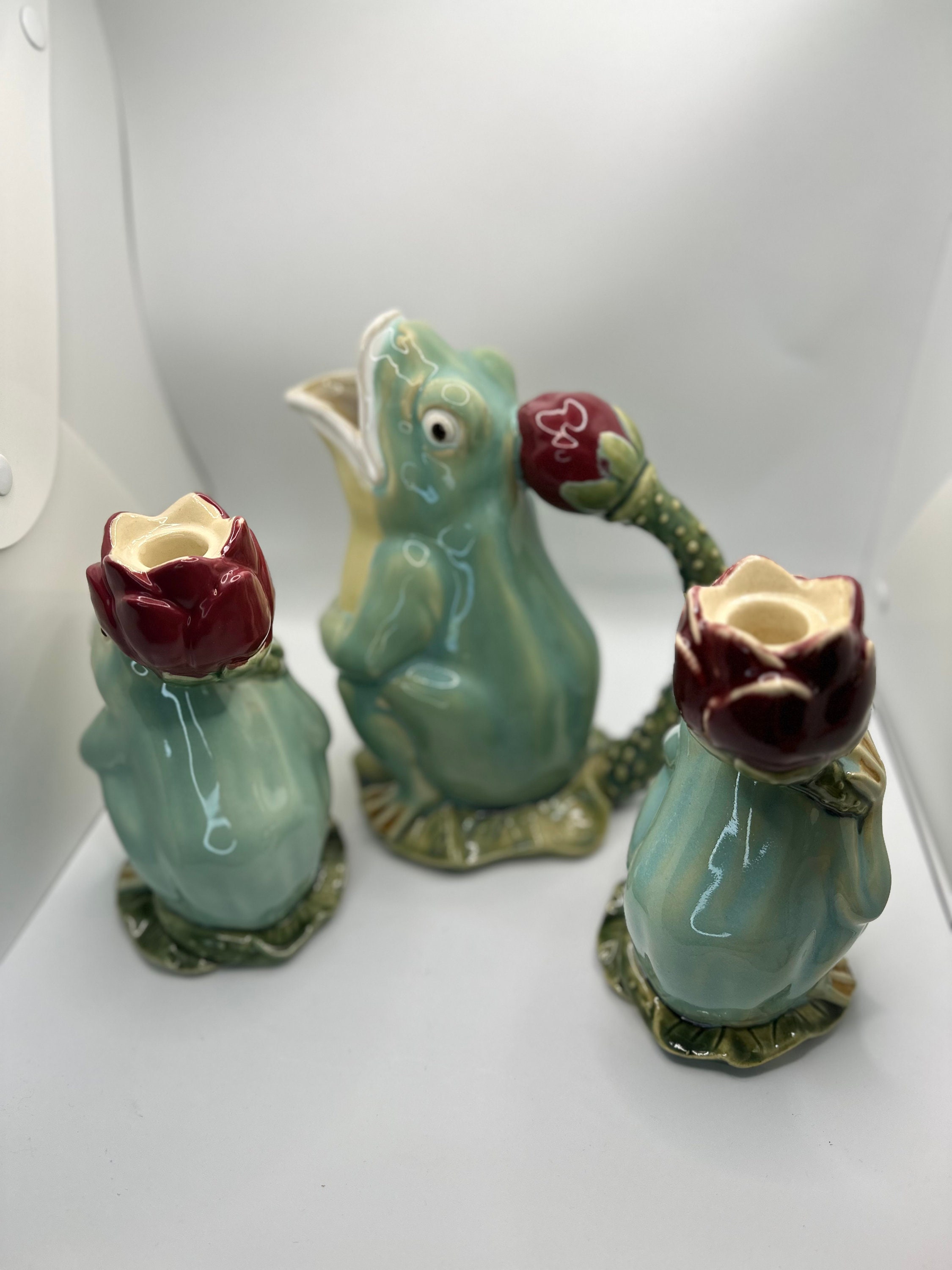 Set of Vintage Majolica Pottery Pitcher Frog Pitcher Frog Flower Vase ...